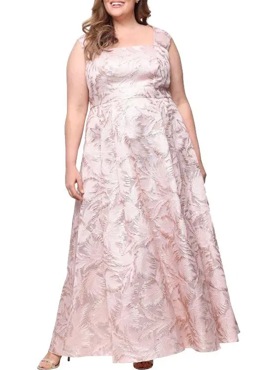 Alex Evenings Metallic Leaf Jacquard Empire Waist Gown - Rose Gold