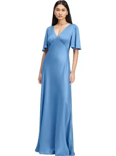 GHOST LONDON Arabella Angel Sleeve Satin Maxi Dress - Chambray Blue