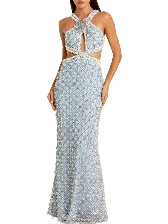 Mac Duggal Halter Cutout Pearl Embellished Gown - Vintage Blue