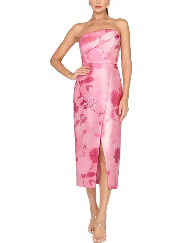 KAY UNGER Floral Strapless Sheath Midi Dress - Rose Bud