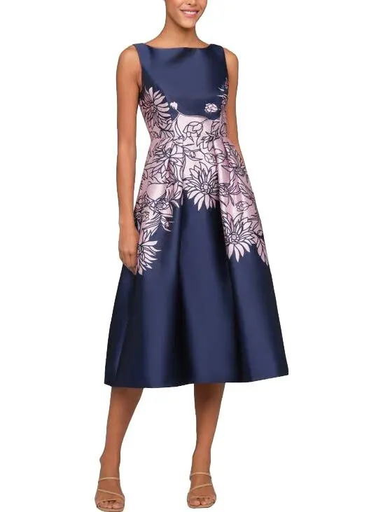 KAY UNGER Floral Cocktail Midi Dress - Deep Navy