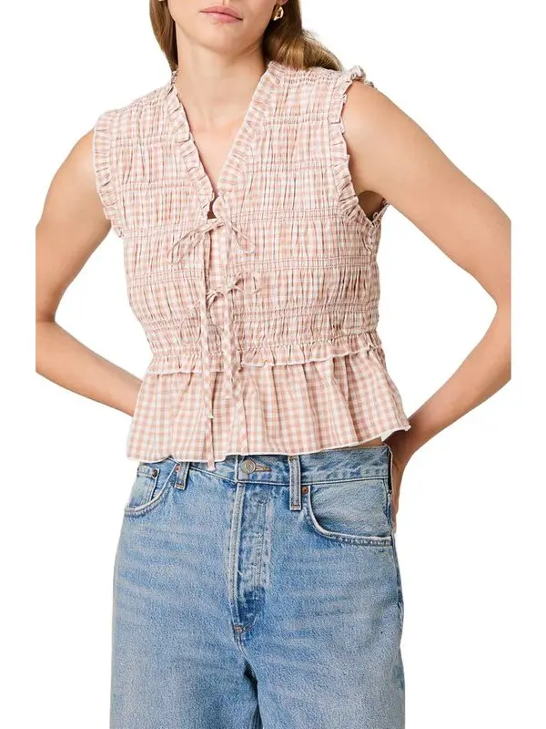 French Connection Rhodes Ruffle Smocked Peplum Top - Petite Gingham Almond