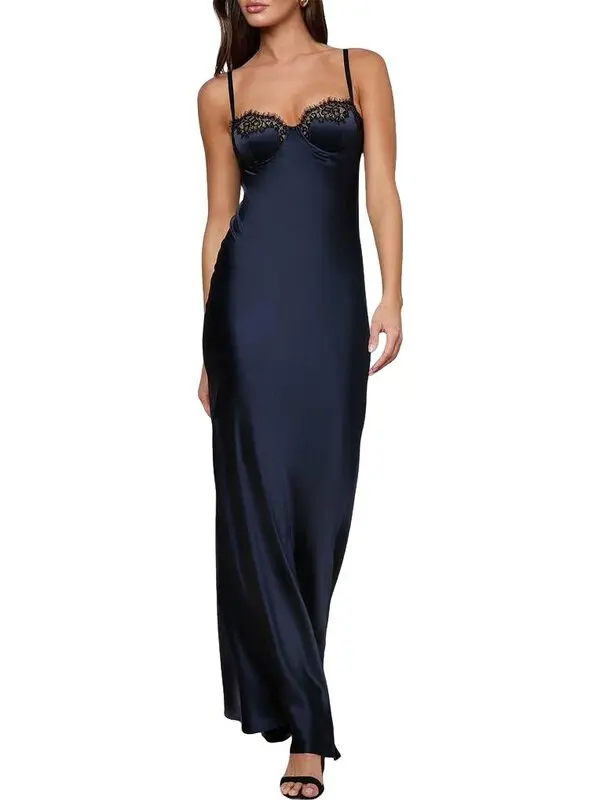 L'Agence Shayla Lace Trim Silk Satin Maxi Slipdress - Midnight
