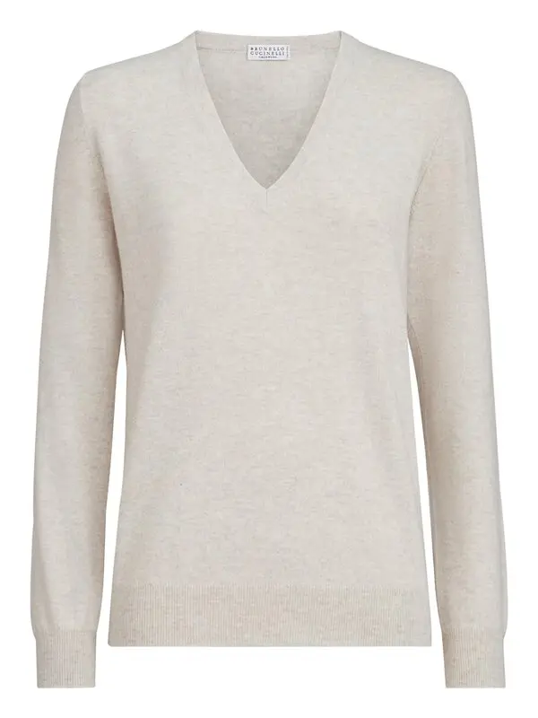 Brunello Cucinelli Cashmere Monili-detail V-neck Sweater - Beige