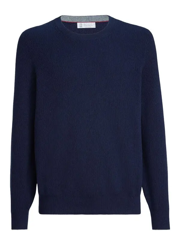 Brunello Cucinelli Cashmere Ribbed Crewneck Sweater - Blue