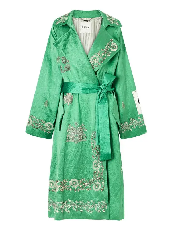Erdem Crystal-embellished Textured-satin Wrap Coat - Green