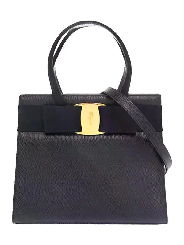 FERRAGAMO 20th Century Lizard Embossed Leather Vara Bow Satchel - Blue