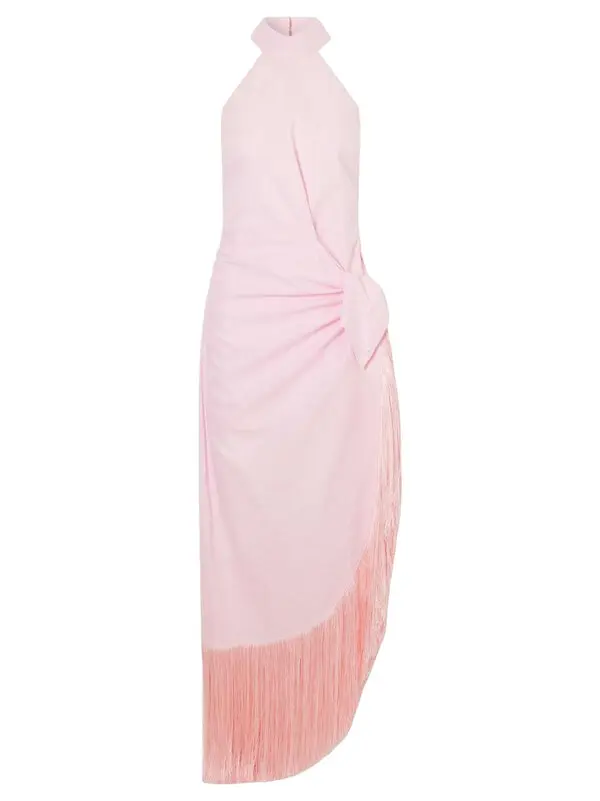 TALLER MARMO Athena Halterneck Fringe-trimmed Linen Midi Dress - Baby Pink