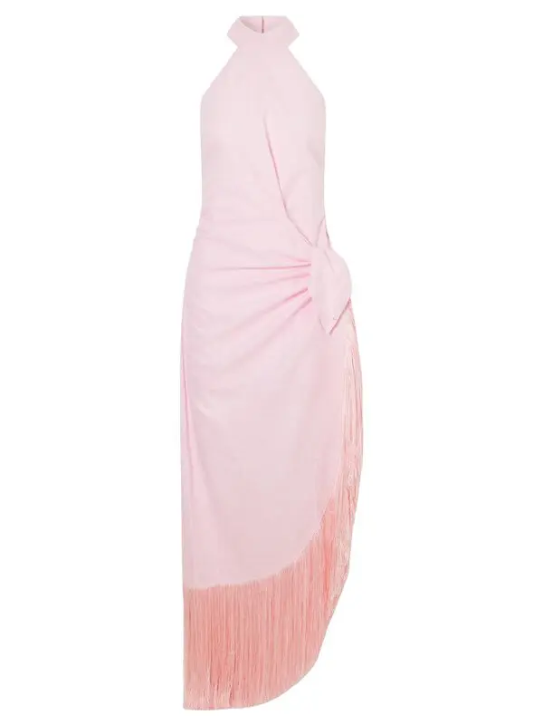 TALLER MARMO Athena Halterneck Fringe-trimmed Linen Midi Dress - Pink