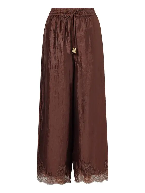 Aje Lace Trimmed Crinkled Satin Wide-leg Pants - Brown