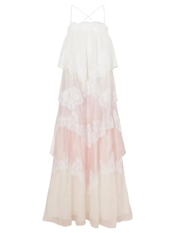 Aje Ophelia Lace-trimmed Ruffled Chiffon Gown - Pink