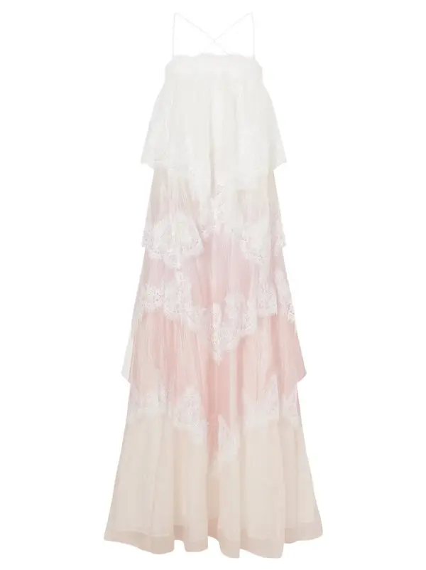 Aje Ophelia Lace-trimmed Ruffled Chiffon Gown - Pink