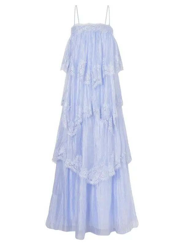Aje Ophelia Lace-trimmed Ruffled Chiffon Gown - Blue