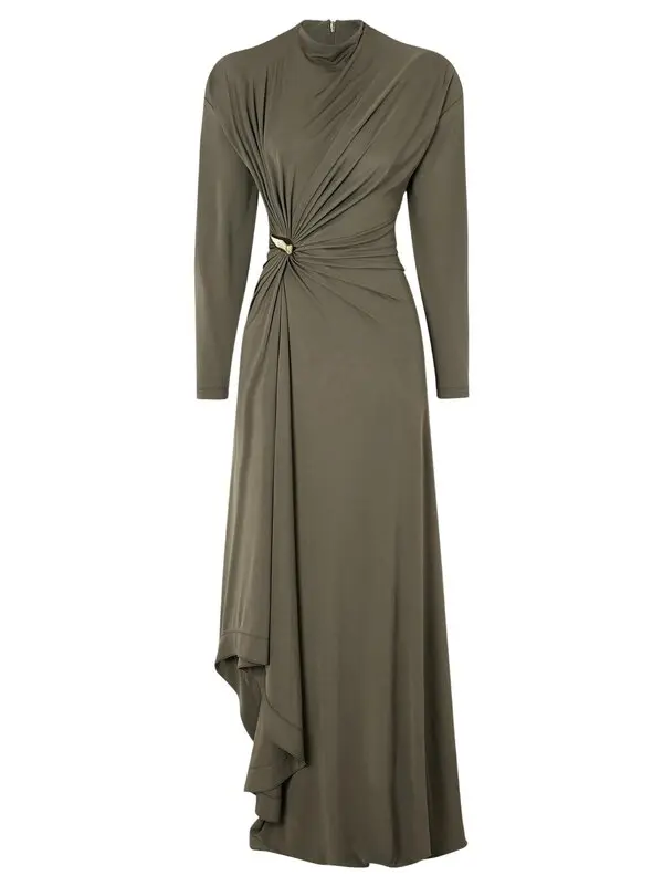 Bottega Veneta Asymmetric Embellished Gathered Jersey Maxi Dress - Green