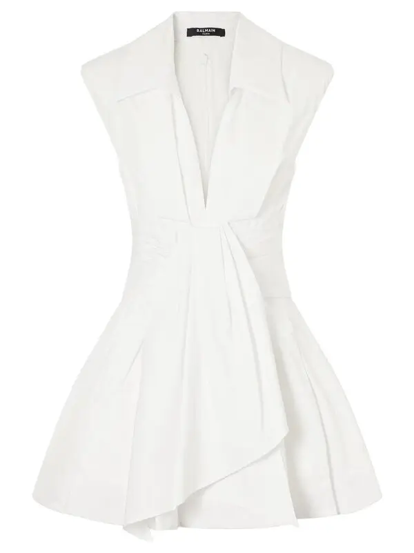 Balmain Belted Pleated Cotton-poplin Mini Dress - White