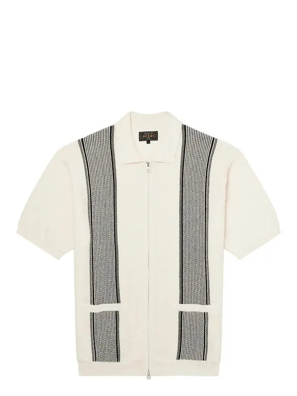 BEAMS Striped Knitted Half-zip Polo Shirt - Neutrals