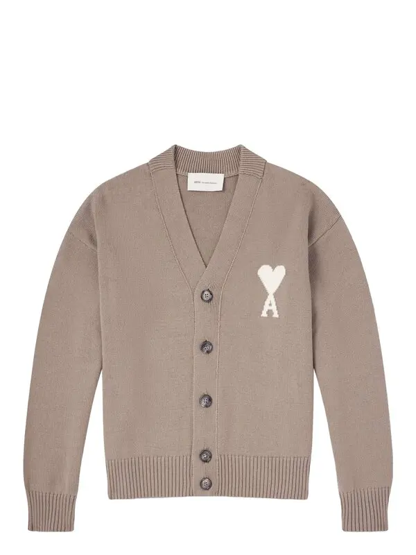 Ami Logo-intarsia Virgin Wool And Cotton-blend Cardigan - Beige