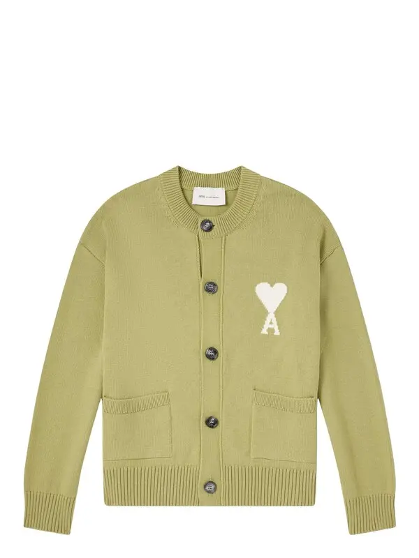 Ami Logo-intarsia Virgin Wool And Cotton-blend Cardigan - Green
