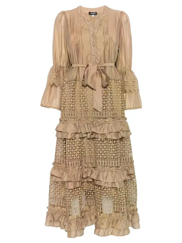 CENERE GB Broderie Anglaise Ruffled Midi Dress - Neutrals
