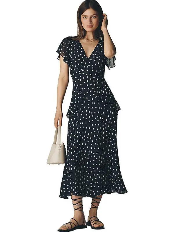 Rixo Petite 100% Silk Evie Maxi Dress - Bohemia Spot Deep Navy
