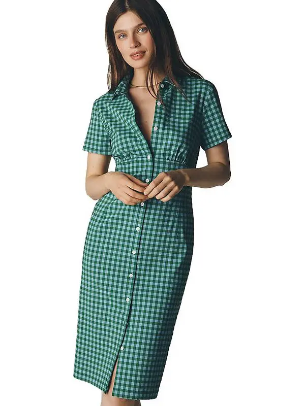 Anthropologie Gingham Shirt Midi Dress - Green/blue Gingham