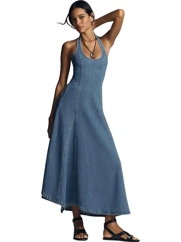 SOVERE / Elodie Halter-neck Denim Maxi Dress - Classic Blue