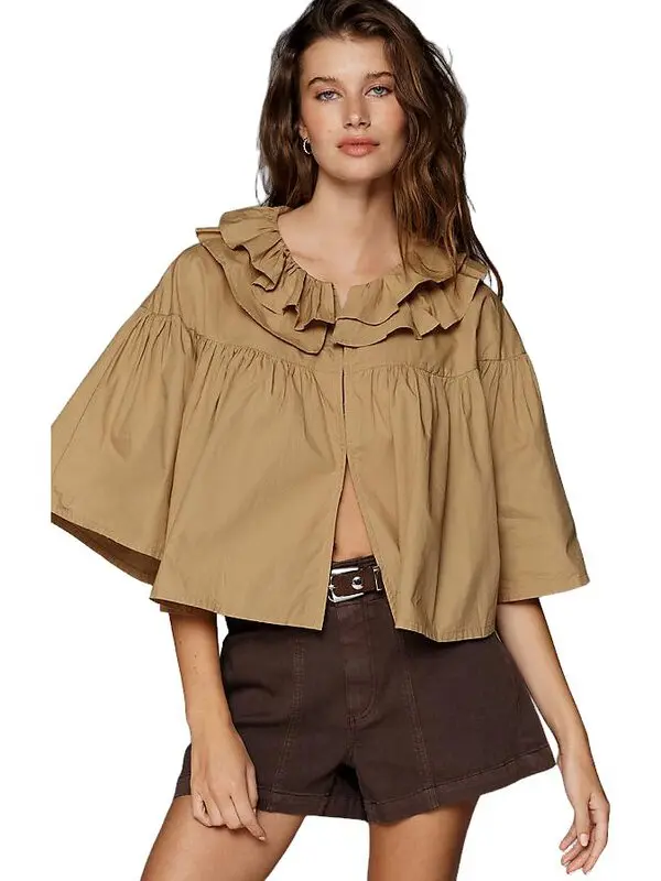 Maeve Ruffle Collar Swing Top - Khaki