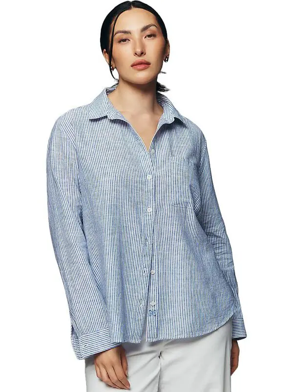 Maeve Classic Striped Linen Cotton Button-down Shirt - Blue Stripe
