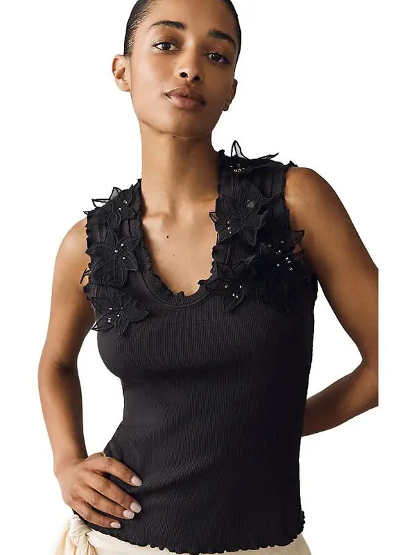Anthropologie Applique Floral Tank Top - Anthracite