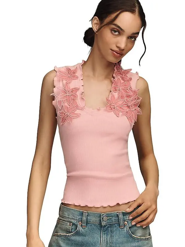 Anthropologie Applique Floral Tank Top - Pink Nectar
