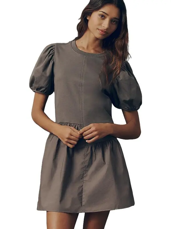 English Factory Puff-sleeve Mini Swing Dress - Grey