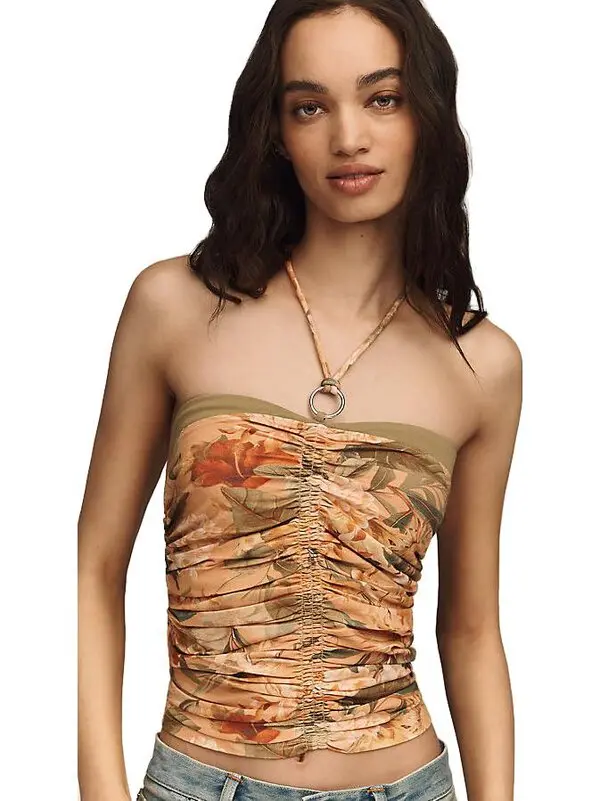 Anthropologie Ruched Halter Tank Top With Front Hardware Detail - Orange Pattern