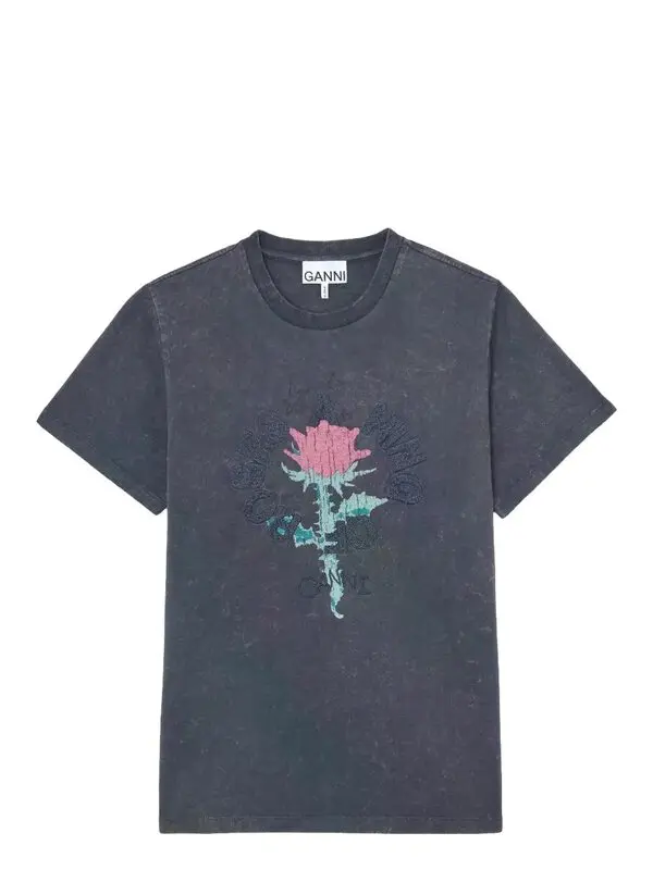 GANNI Floral-print Crewneck T-shirt - Grey