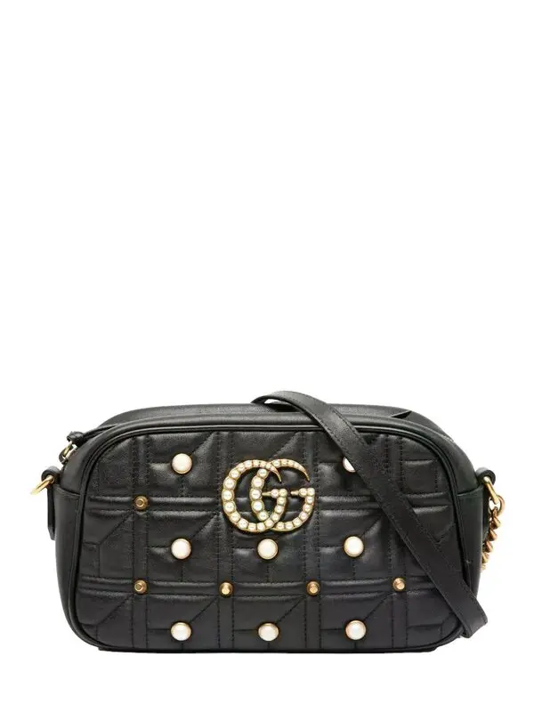 Gucci Gg Marmont Matelasse Leather Pearl Studded Crossbody Bag - Black