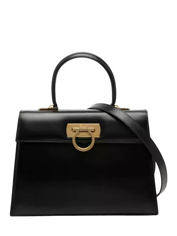 FERRAGAMO Smooth Calfskin Gancini Iconic Top Handle Bag - Black