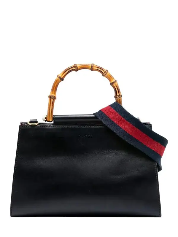 Gucci Leather Bamboo Nymphaea Web Satchel - Black