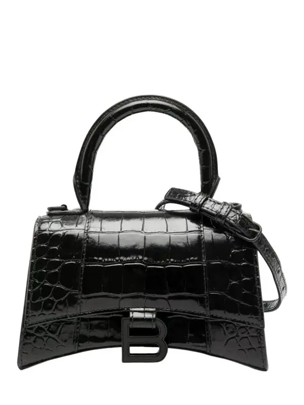 Balenciaga Xs Croc Embossed Hourglass Top Handle Bag - Black