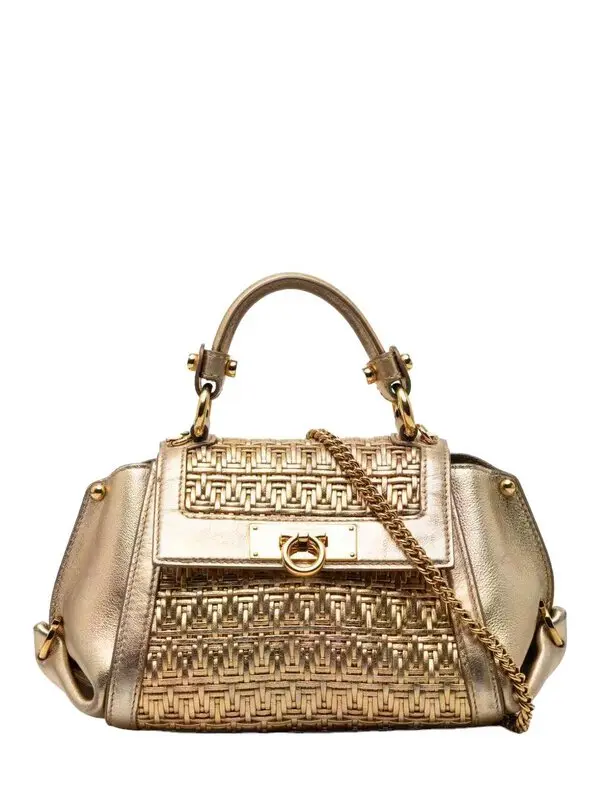 FERRAGAMO Mini Woven Leather Gancini Sofia Satchel - Gold