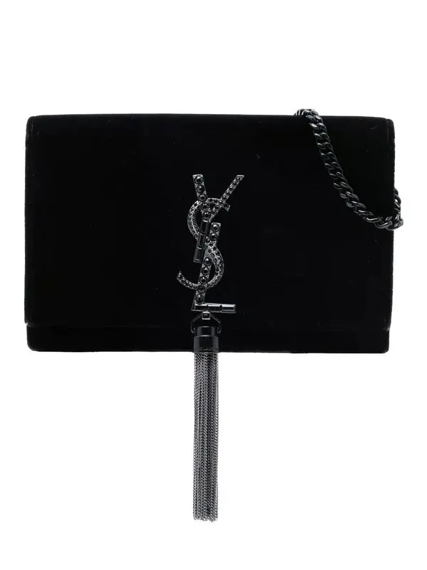 Saint Laurent Velvet Crystal Monogram Kate Tassel Wallet On Chain - Black