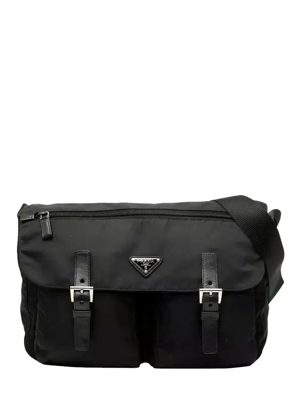Prada Tessuto Zip Double Buckle Messenger Bag - Black