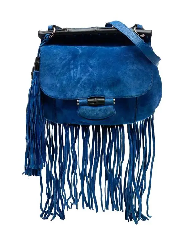 Gucci Medium Suede Bamboo Nouveau Fringe Crossbody Bag - Blue