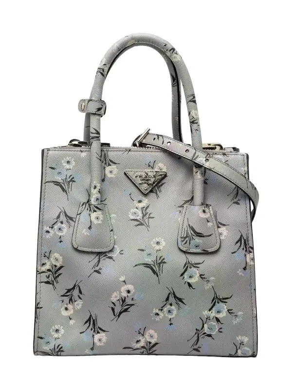 Prada Saffiano Floral Print Twin Pocket Satchel - Grey