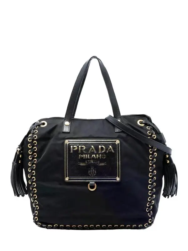 Prada Tessuto Whipstitched Logo Oro Tassel Satchel - Black