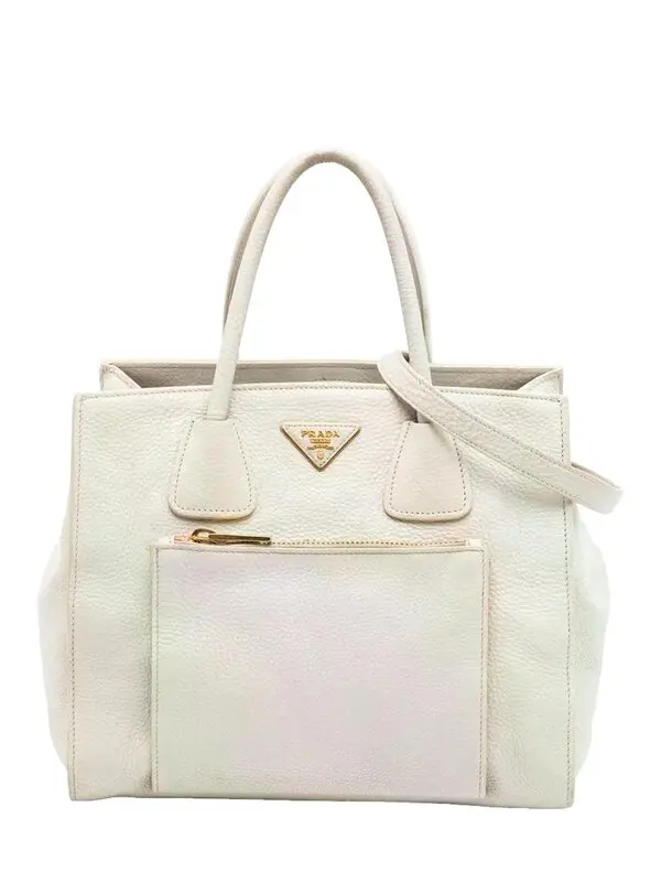 Prada Vittelo Daino Front Pocket Open Convertible Tote Satchel - White