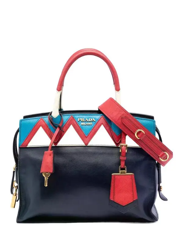 Prada Saffiano Trimmed City Calf Greca Esplanade Satchel - Blue