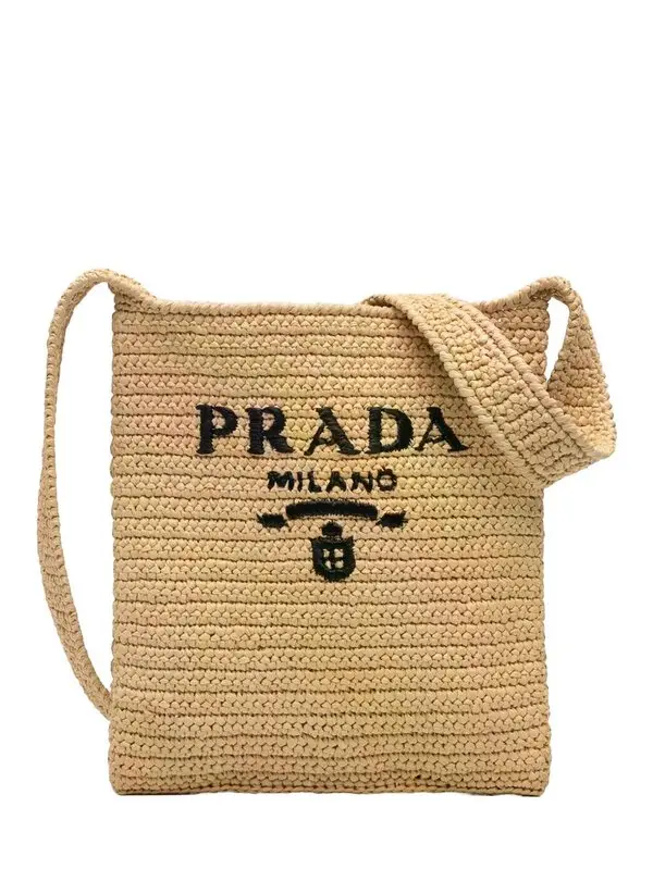 Prada Raffia Effect Crochet Crossbody Bag With Embroidered Logo - Neutrals
