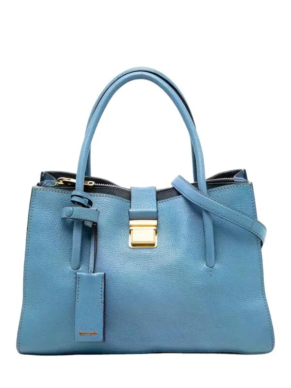 Miu Miu Madras Goatskin Push Lock Tote Satchel - Blue