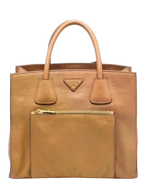 Prada Vitello Daino Front Pocket Open Convertible Tote Satchel - Neutrals
