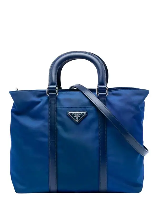 Prada Vitello Trimmed Tessuto Satchel - Blue