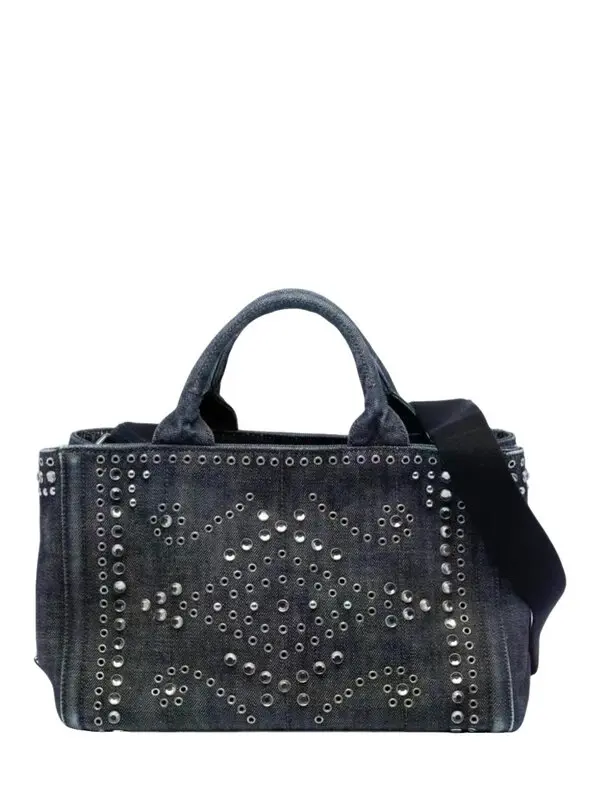 Prada Studded Denim Canapa Logo Satchel - Grey